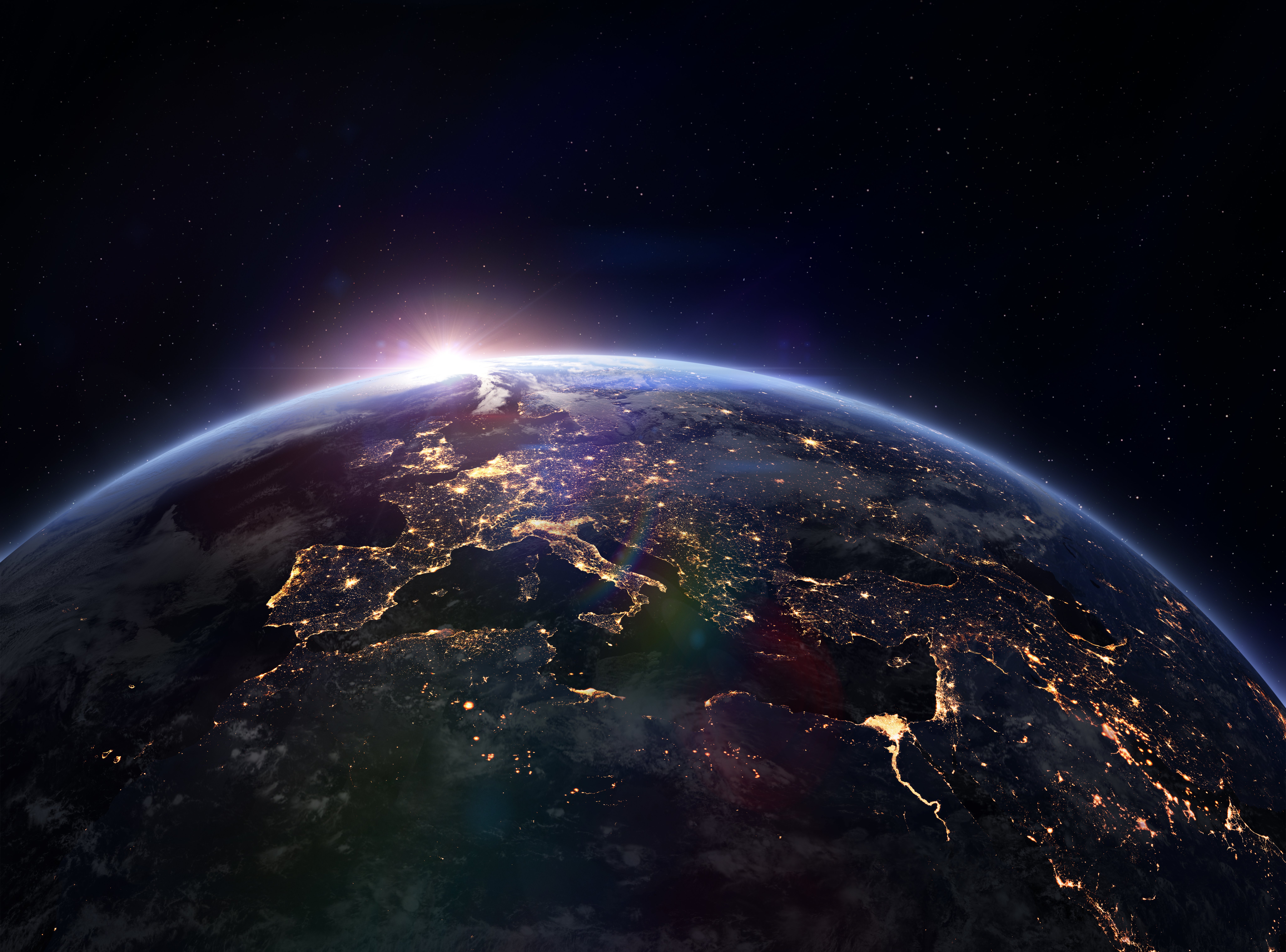 Earth Night Space Planet Space, Sun And Planet Earth At Night